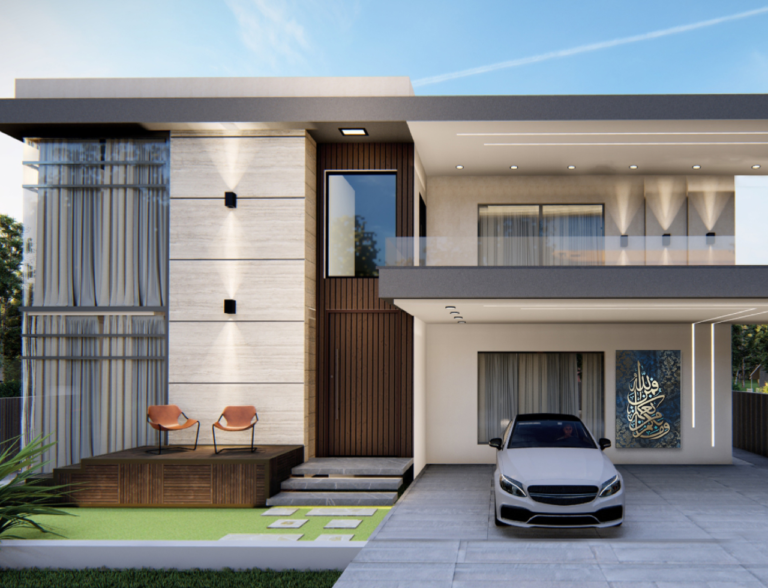 1 Kanal Modern House - Grand Façade With Extended Lawn – DHA Builders